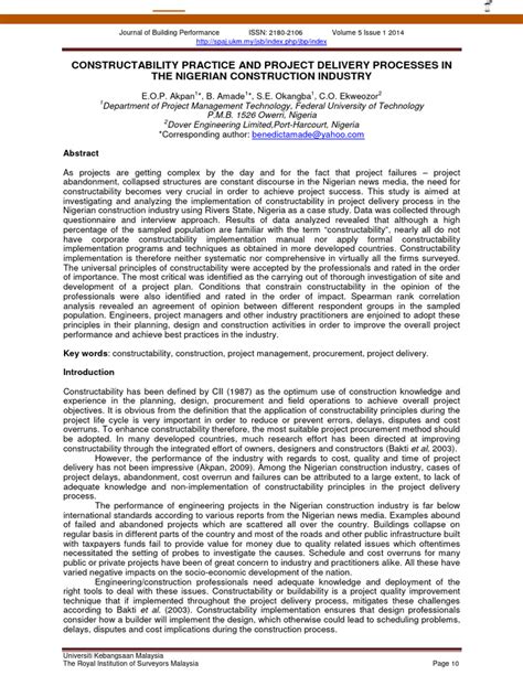 Constructability Practice And Project Delivery Processes In The Nigerian Construction Industry Pdf