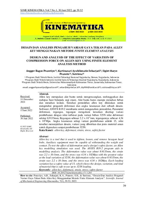 Pdf Desain Dan Analisis Pengaruh Variasi Gaya Tekan Pada Allen Key Menggunakan Metode Finite