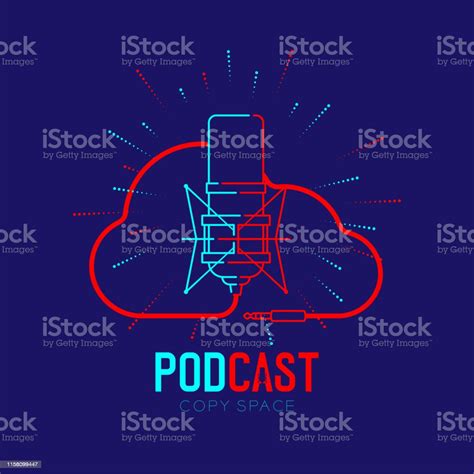 마이크 로고 아이콘 개요 스트로크 클라우드 모양 프레임 케이블 대시 라인 디자인 팟 캐스트 인터넷 라디오 프로그램 개념 일러스트