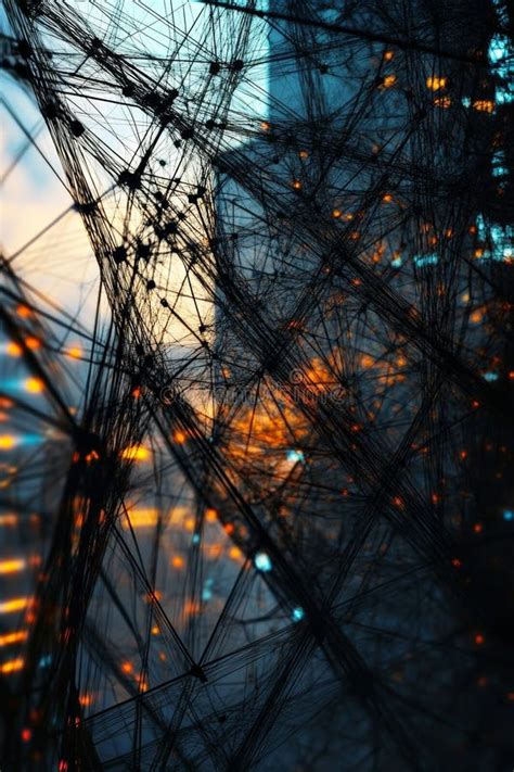 Abstract Data Mesh Exploration Concept With Blurred Background And Glowing Lights At Dusk Stock