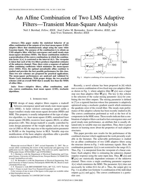 PDF An Affine Combination Of Two LMS Adaptive FiltersTransient Mean Square Analysis