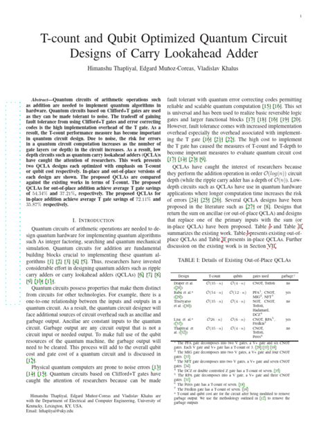200401826 T Count And Qubit Optimized Quantum Circuit Designs Of Carry