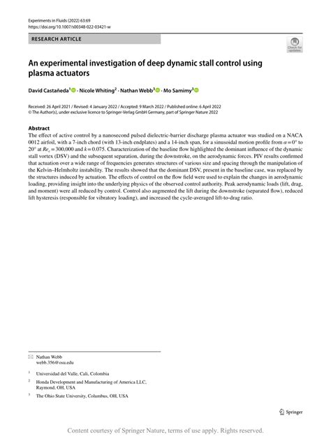 An Experimental Investigation Of Deep Dynamic Stall Control Using Plasma Actuators Request Pdf