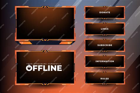 주황색 및 어두운 색상의 온라인 게임 화면 테두리 벡터 구독 버튼이 있는 세련된 스트리밍 오버레이 장식 라이브 게이머를 위한 미래형 방송 게임 패널 디자인 프리미엄 벡터