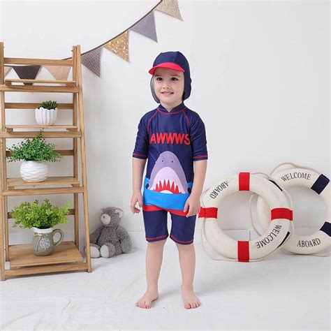 ชุดว่ายน้ำเด็กบอดี้สูท พร้อมหมวก ลายฉลาม Jaww อายุ 2 7 ปี สีน้ำเงิน 9817 Tk Supplies Thaipick