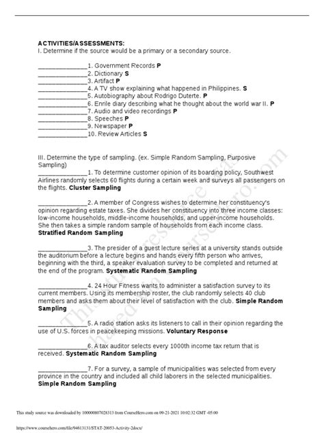 Stat 20053 Activity 2 Pdf Sampling Statistics