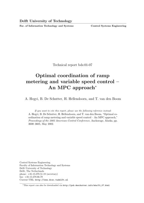 Pdf Optimal Coordination Of Ramp Metering And Variable Speed Control An Mpc Approach