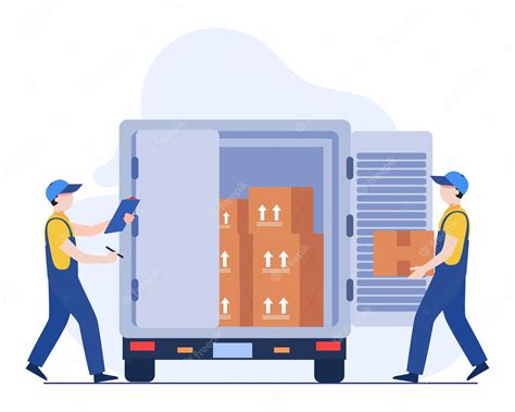 창고 작업자가 운송 물류의 트럭 개념에서 상품을 확인하고 적재합니다 프리미엄 벡터