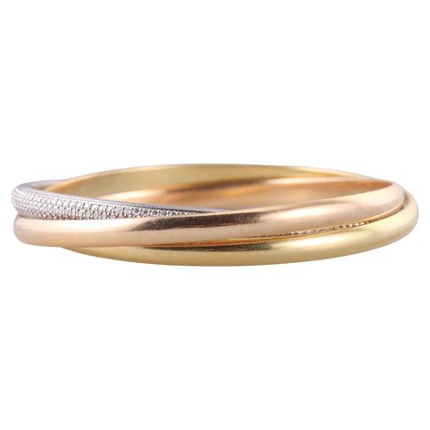 Cartier Trinity Diamond Tri Color Gold Classic Model Bangle Bracelet For Sale At 1stdibs