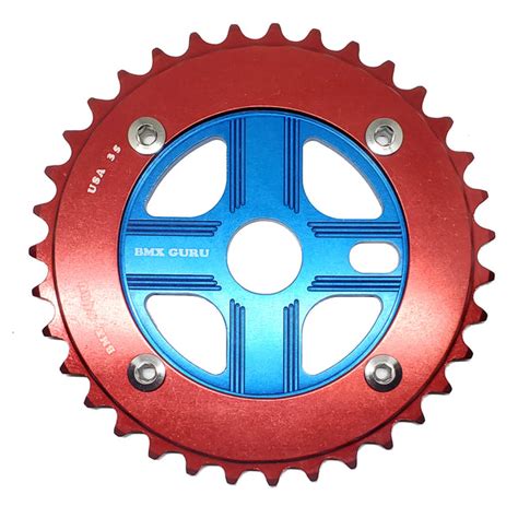 Bmxguru 35t Aluminum Spider And 4 Bolt Chainring Combo Red Over Blue