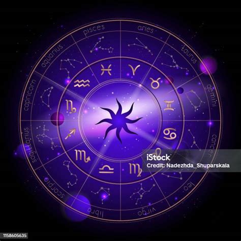 별자리 원의 벡터 그림 조디악 징후와 공간 배경에 대한 그림 점성술 행성 게자리에 대한 스톡 벡터 아트 및 기타 이미지