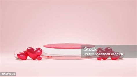발렌타인 데이 레드와 화이트 미니멀리스트 모형 연단 객체 프리젠 테이션 또는 플랫폼 제품 템플릿 개념에 대한 분홍색 배경에 받침대를 전시 3d 렌더링 0명에 대한 스톡 사진