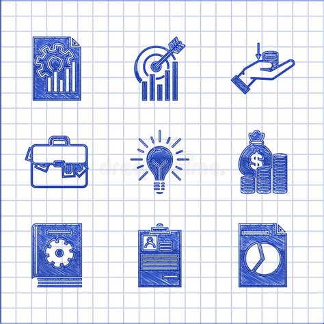 Set Light Bulb With Rays Shine And Concept Of Idea Clipboard Resume Document Graph Chart