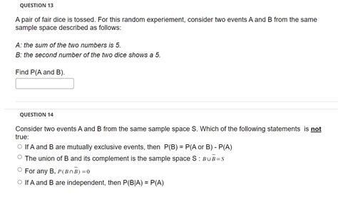 Solved A Pair Of Fair Dice Is Tossed For This Random Chegg