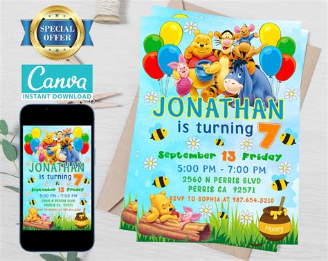 Editable Winnie The Pooh Birthday Invitation Template Digital Etsy