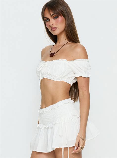 On Hold Corabel Off Shoulder Micro Crop Top White Princess Polly