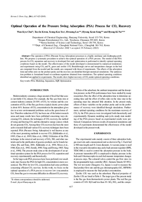 Pdf Optimal Operation Of The Pressure Swing Adsorption Psa Process For Co 2 Recovery