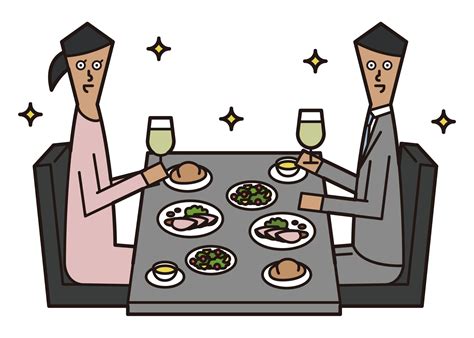 식당에서 저녁 식사를 즐기는 부부 남녀 의 일러스트 무료 일러스트 소재집 Kukukeke
