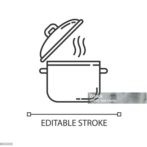 냄비 픽셀 완벽한 선형 아이콘을 요리 캐서롤 레시피 냄비에 증기 얇은 선 사용자 정의 일러스트레이션 윤곽 기호입니다 벡터 격리 된 윤곽선 도면입니다 편집 가능한 스트로크 팬