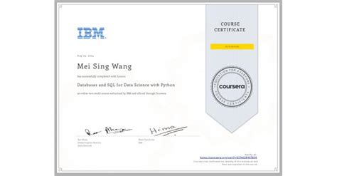 Completion Certificate For Databases And Sql For Data Science With