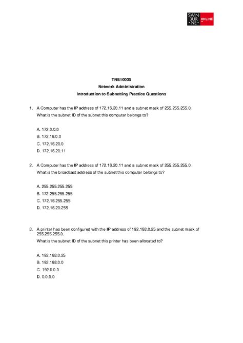 Introduction To Subnetting Practice Questions Tne Network