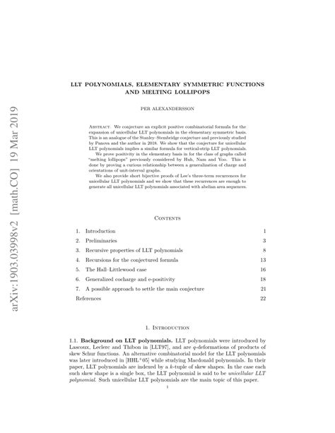 Pdf Llt Polynomials Elementary Symmetric Functions And Melting Lollipops