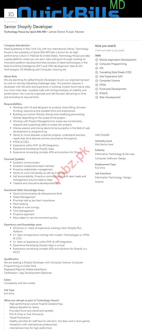 senior shopify developer job 2020 for lahore 2024 job advertisement pakistan
