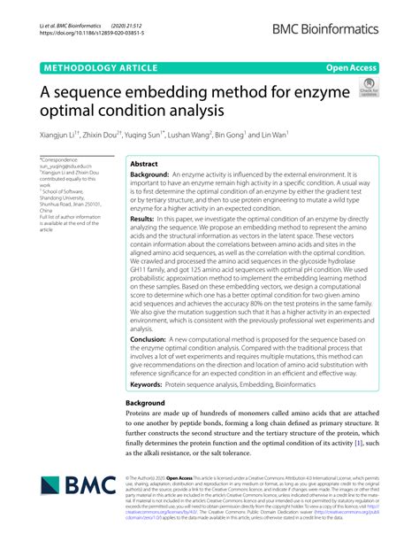 Pdf A Sequence Embedding Method For Enzyme Optimal Condition Analysis