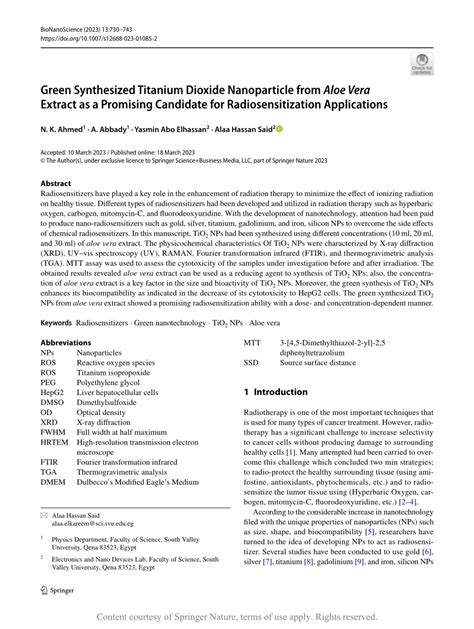 Green Synthesized Titanium Dioxide Nanoparticle From Aloe Vera Extract As A Promising Candidate