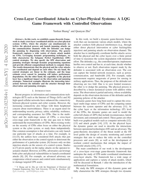 Pdf Cross Layer Coordinated Attacks On Cyber Physical Systems A Lqg Game Framework With