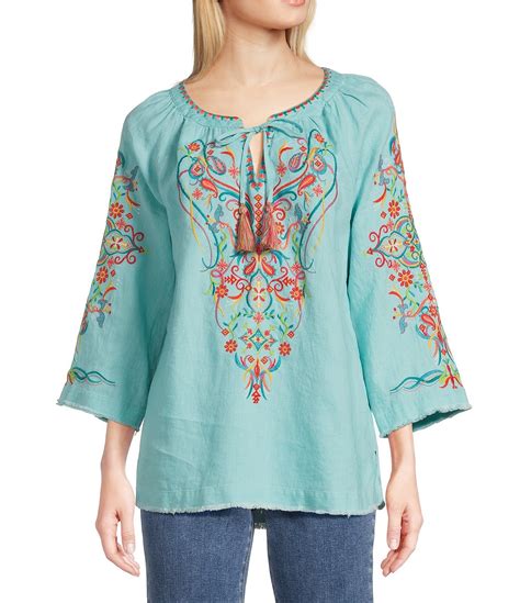 John Mark Paisley Print Floral Embroidered Split V Neck 3 4 Sleeve Frayed Tassel Tie Tunic