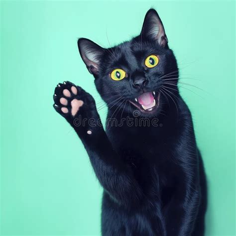 Cute Black Cat Saying Hello Or Give Me Five Greetings Isolated On