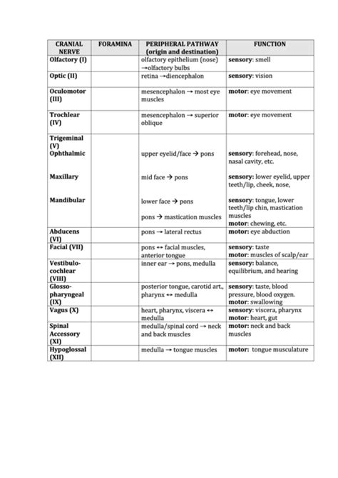 Cranial Nerve Reference Chart Printable Pdf Download