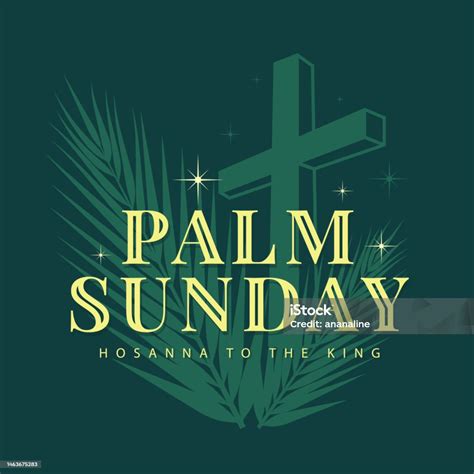 종려 주일 호산나는 실루엣 녹색 십자가와 짙은 녹색 배경 벡터 디자인에 별 빛이 있는 야자수 잎에 왕 텍스트로 종려 주일에 대한 스톡 벡터 아트 및 기타 이미지 Istock