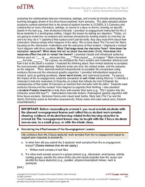 Edtpa Elementary Math With Literacy Task 4 Part G Assessment