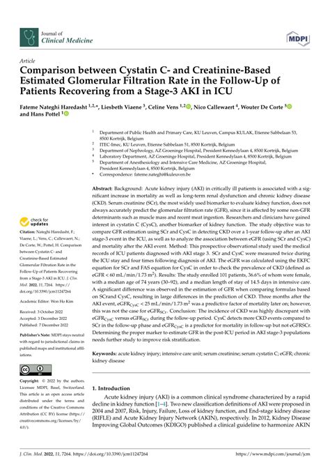 Pdf Comparison Between Cystatin C And Creatinine Based Estimated Glomerular Filtration Rate