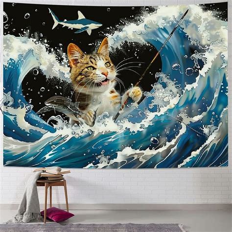 bciig funny cat tapestry cute cat riding shark wall tapestry ocean wave tapestry japanese wave