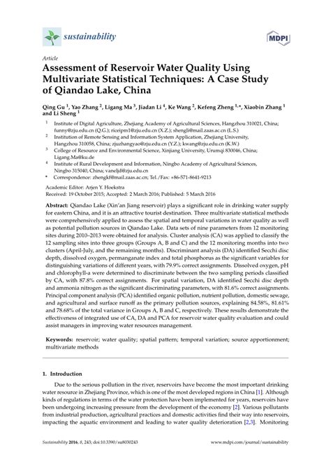 Pdf Assessment Of Reservoir Water Quality Using Multivariate Statistical Techniques A Case