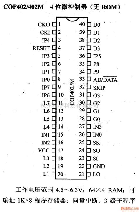 数字电路中的芯片引脚及主要特性cop402 402m 4位微控制器 无rom 将睿