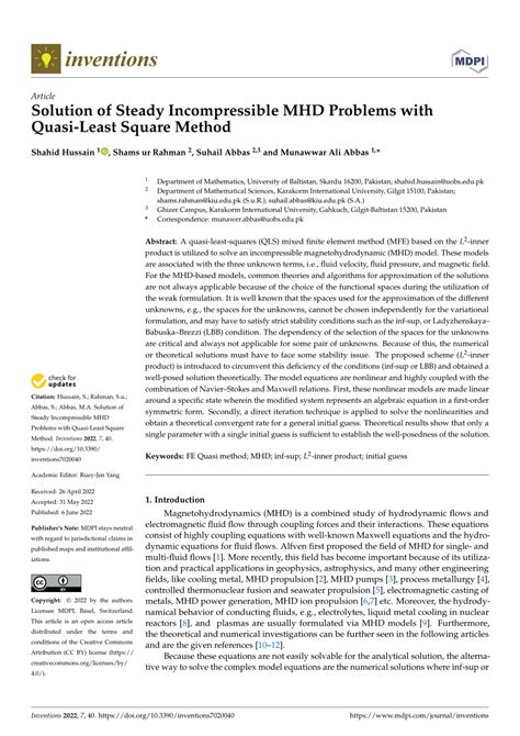 Pdf Solution Of Steady Incompressible Mhd Problems With Quasi Least Square Method