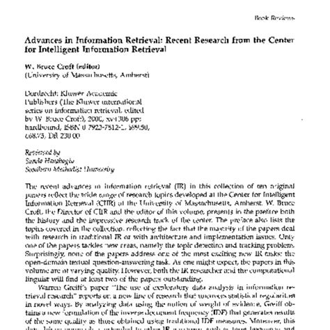 Book Reviews Advances In Information Retrieval Recent Research From