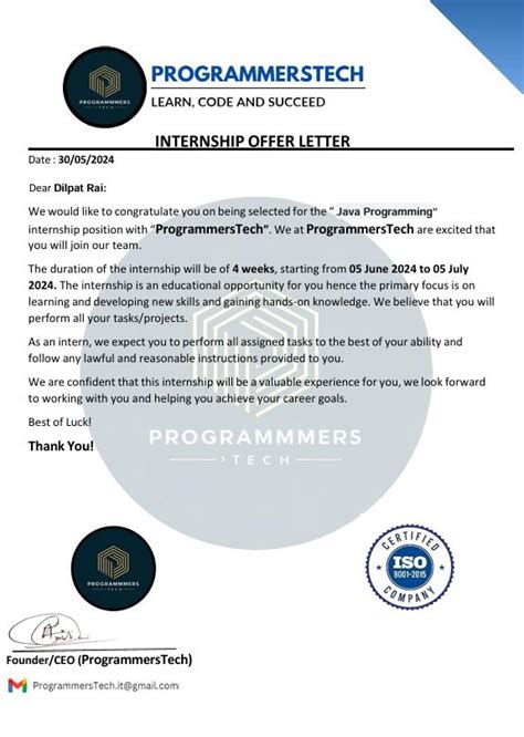 Dilpat Rai On Linkedin Java Programming Internship