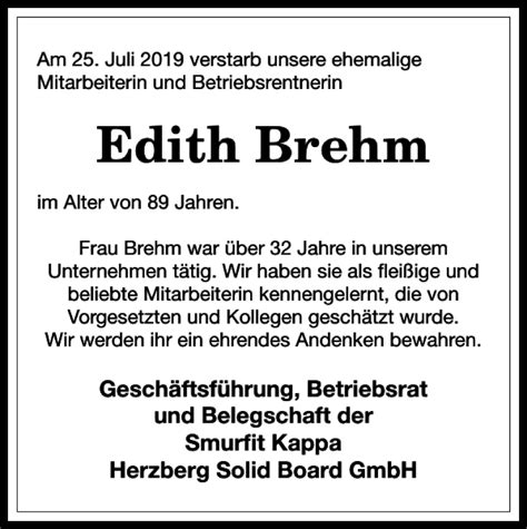 Traueranzeigen Von Edith Brehm Harztrauer De