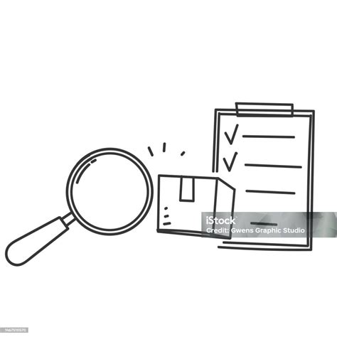 손으로 그린 낙서 품질 검사 그림을 위해 돋보기와 클립보드 확인 기호를 통해 상자를 보고 있는 사람 Test Match에 대한 스톡 벡터 아트 및 기타 이미지 Istock