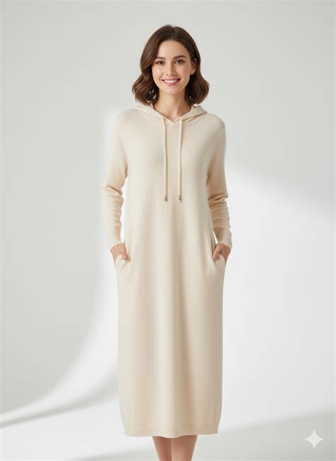 Hooded Knit Midi Dress With Pockets