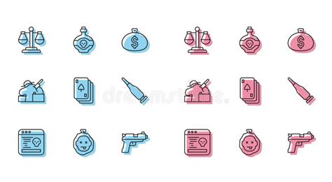 Set Line System Bug Murder Scales Of Justice Pistol Or Gun Playing Cards Bullet And Poison