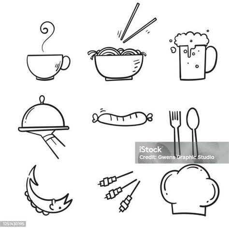 손으로 그린 음식과 음료 아이콘 레스토랑 라인 아이콘 세트입니다 벡터 일러스트레이션낙서 고기에 대한 스톡 벡터 아트 및 기타 이미지 Istock