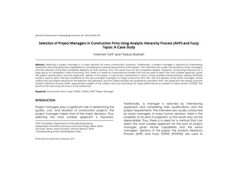 Pdf Selection Of Project Managers In Construction Firms Using Analytic Hierarchy Process Ahp