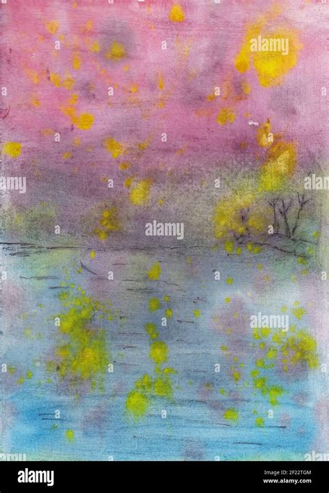 Abstraction Watercolor Splashes Pussy Drawing On Texture Watercolor Paper Pink Yellow Blue