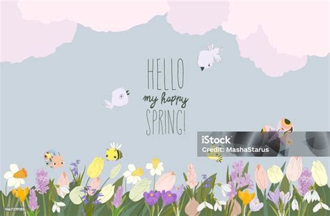 봄 초원 식물과 곤충과의 수평 경계 푸른 잔디 화려한 꽃 꿀벌과 나비 봄에 대한 스톡 벡터 아트 및 기타 이미지 봄 배경